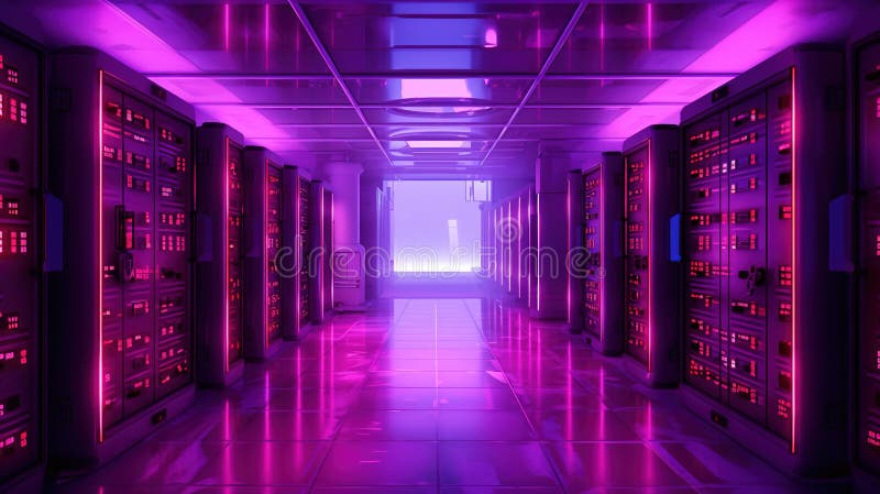 Generative AI, Data Center, Modern High Technology Server Room in Neon ...