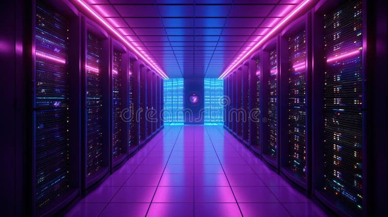 Generative AI, Data Center, Modern High Technology Server Room in Neon ...