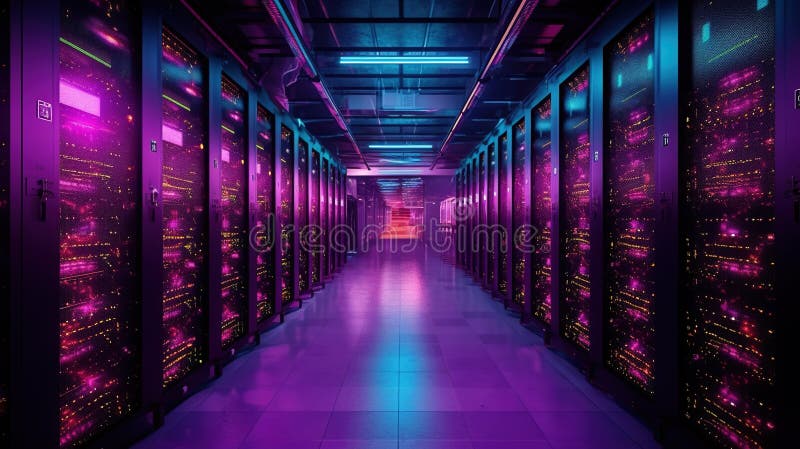 Generative AI, Data Center, Modern High Technology Server Room in Neon ...