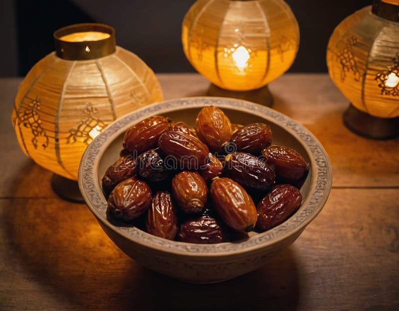 Dates in a Bowl on a Table, Lit by Lanterns, Ramadan Feel Stock ...