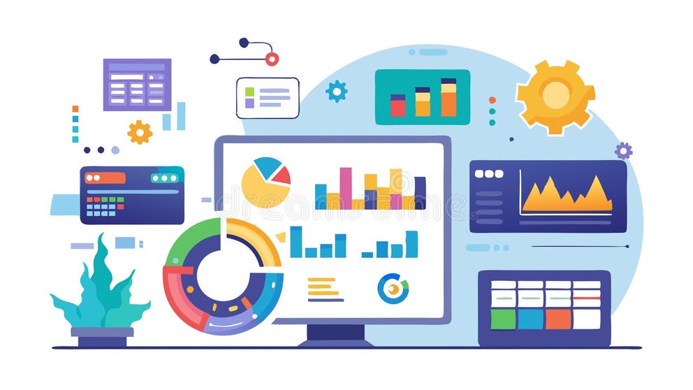The Image Contains a Desktop Computer with a Screen Displaying Various Colorful Data Charts and ...