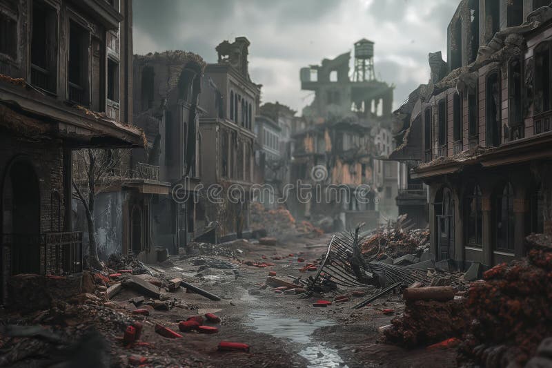 Destroyed Town with Collapsing Structures after War Stock Illustration ...