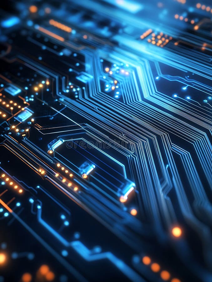 Generative AI Detailed Macro View of Blue Electronic Circuits with Glowing Lines and Micro ...