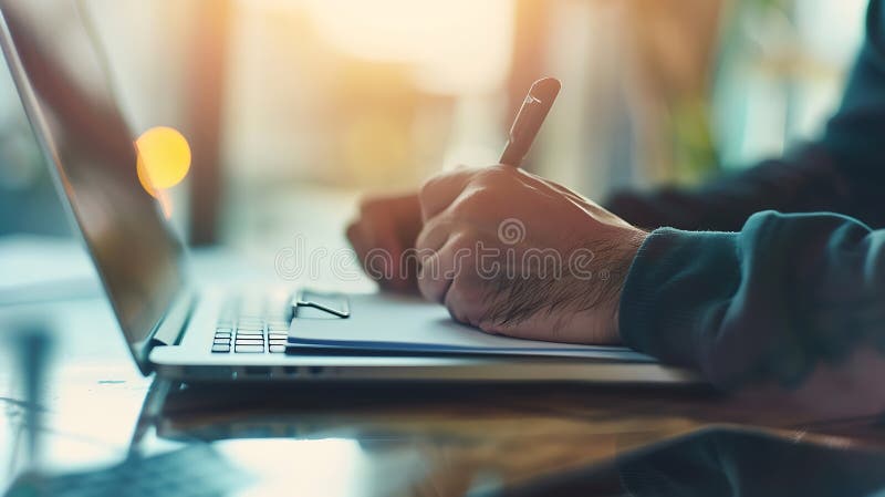 Generative AI Detailed View of a Mans Hand Jotting Down Notes in a ...