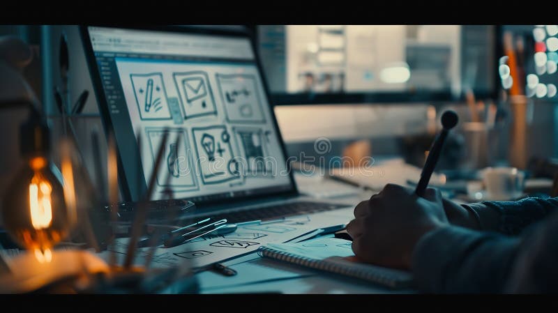 Generative AI Developer Workplace Open Notepad with Hand Drawn Website ...