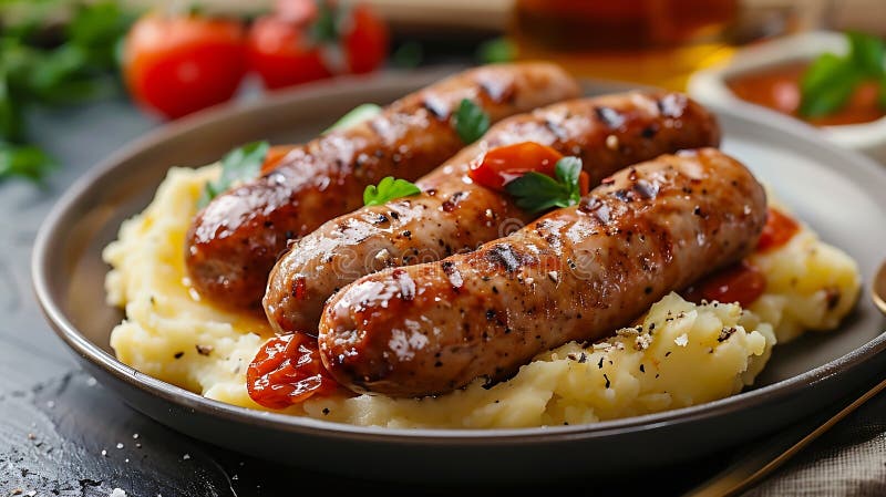 Generative AI Devilled Sausages with Mashed Potato Spiced Tomato and ...