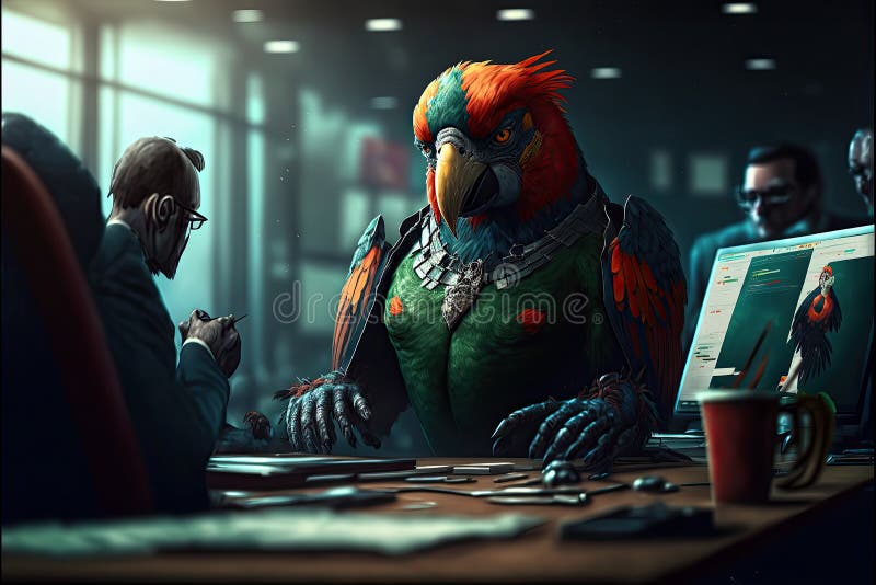 Generative AI Digital Art of an Abstract Parrot Boss in Office Meeting ...