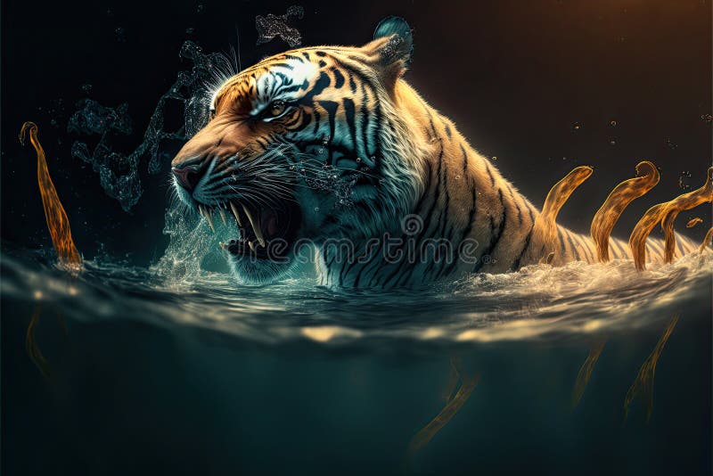 Generative AI Digital Art of an Tiger Swimming in Water, Illustration ...