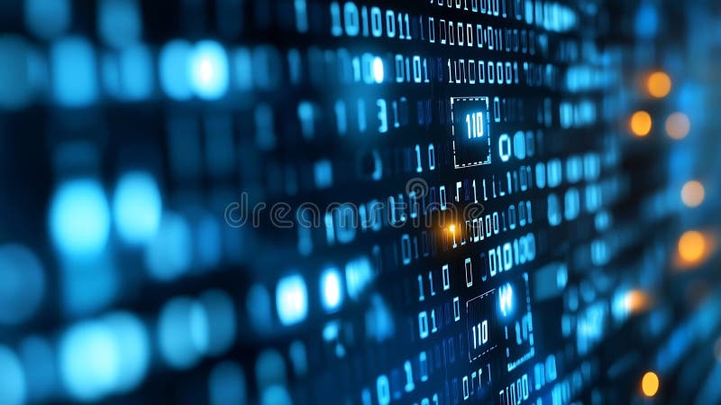 Generative AI Digital Data Represented by Glowing Binary Code with Futuristic Neural Network ...