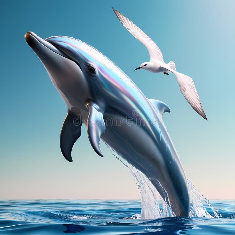 A Majestic Dolphin Leaping Out Surrounded by a Flock of Seagulls. Stock ...