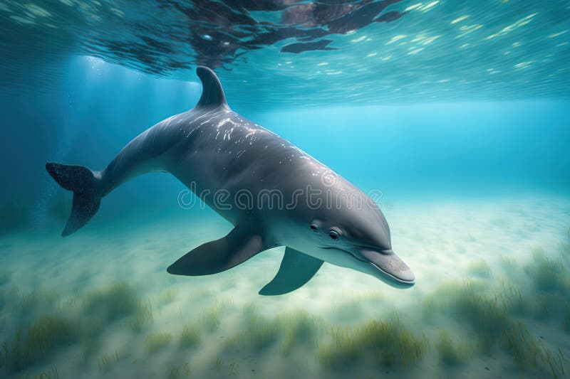 Generative AI. Dolphin Swimming in the Deep Ocean Stock Illustration ...