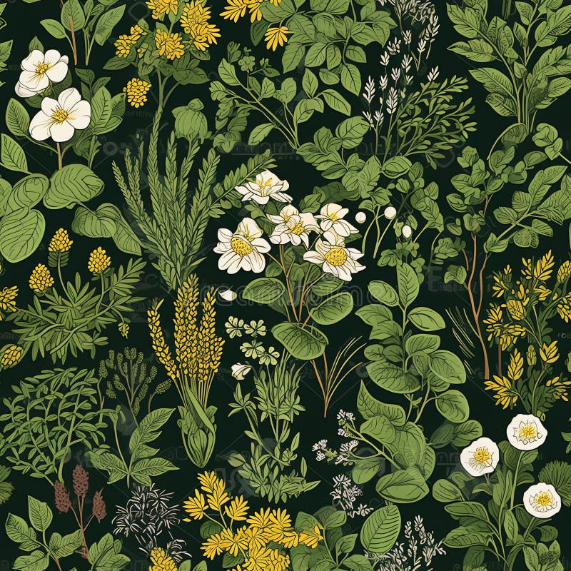 Generative AI Doodled Botany Plants Seamless- Stock Illustration ...