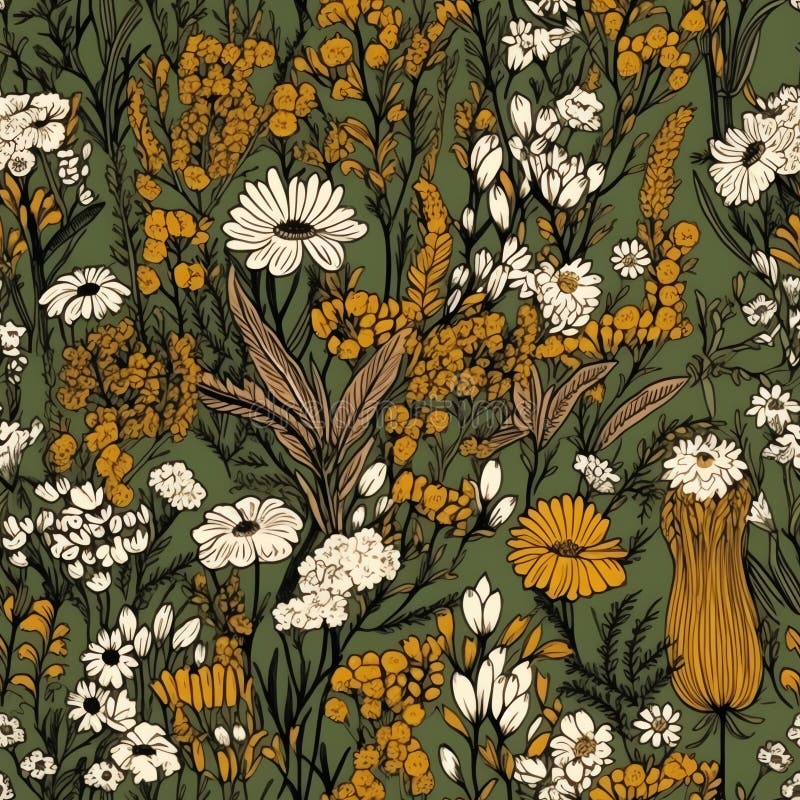 Generative AI Doodled Botany Plants Seamless- Stock Illustration ...