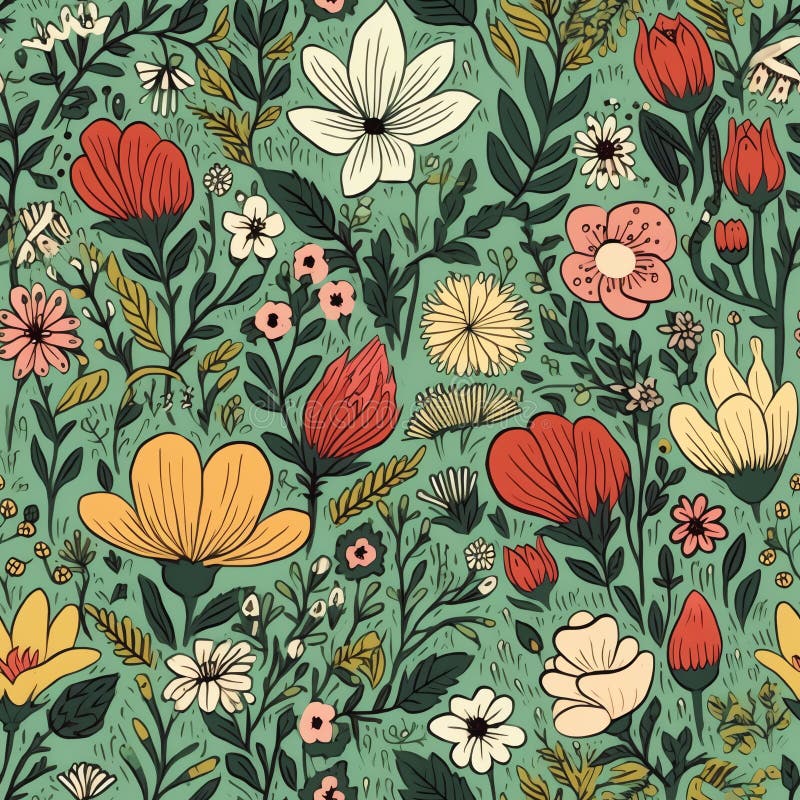 Generative AI Doodled Botany Plants Seamless- Stock Illustration ...