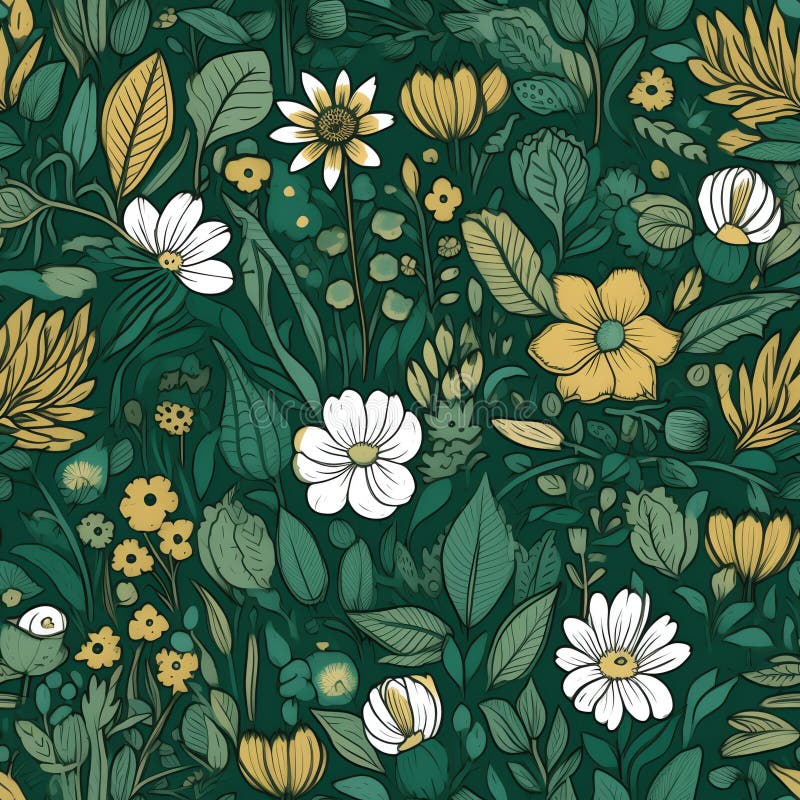 Generative AI Doodled Botany Plants Seamless- Stock Illustration ...