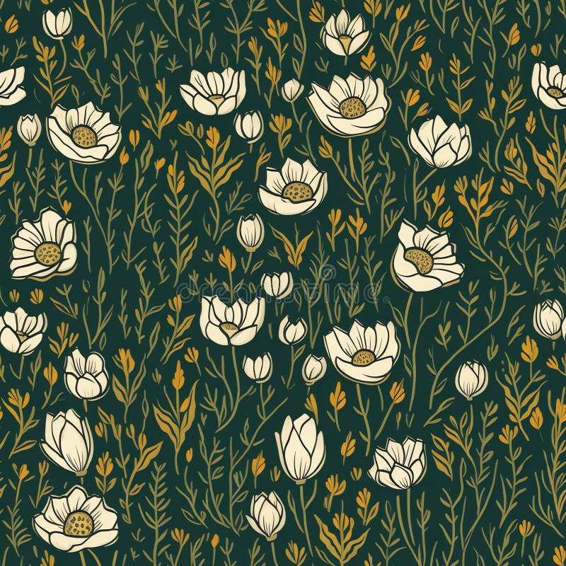 Generative AI Doodled Botany Plants Seamless- Stock Illustration ...