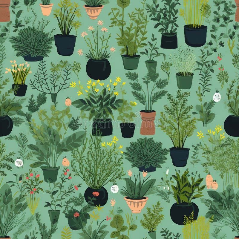 Generative AI Doodled Botany Plants Seamless- Stock Illustration ...