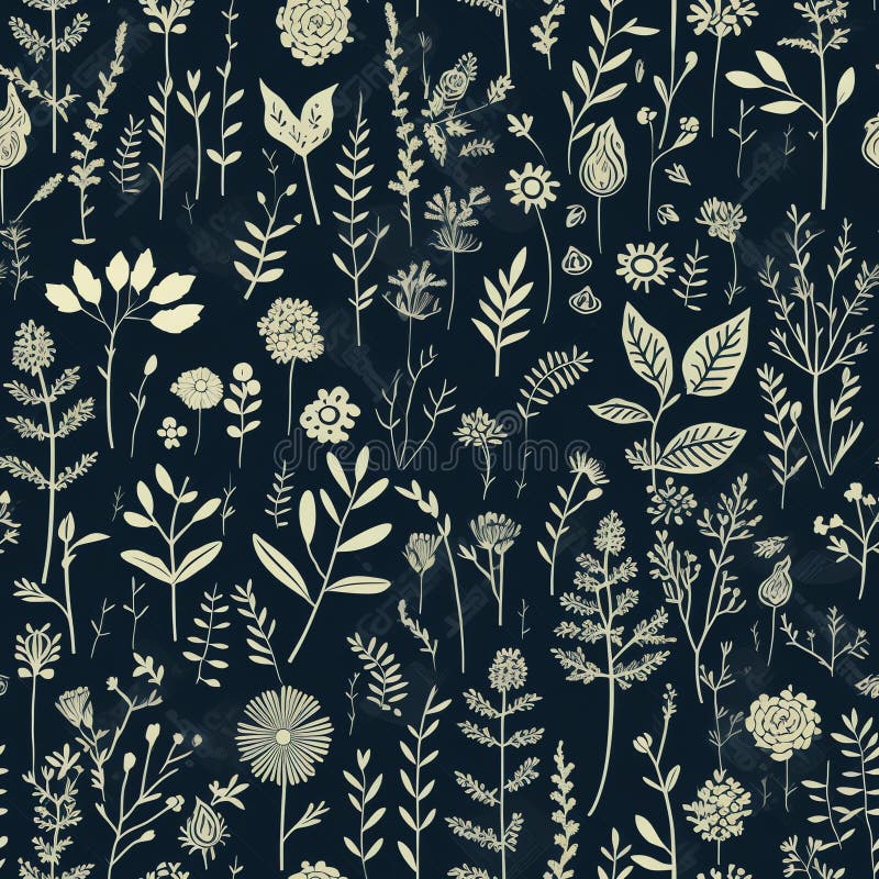 Generative AI Doodled Botany Plants Seamless- Stock Illustration ...