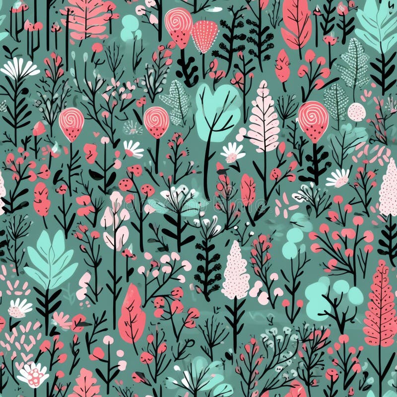 Generative AI Doodled Botany Plants Seamless- Stock Illustration ...