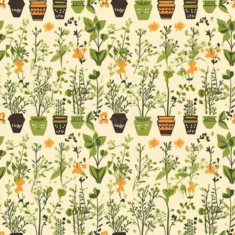 Generative AI Doodled Botany Plants Seamless- Stock Illustration ...