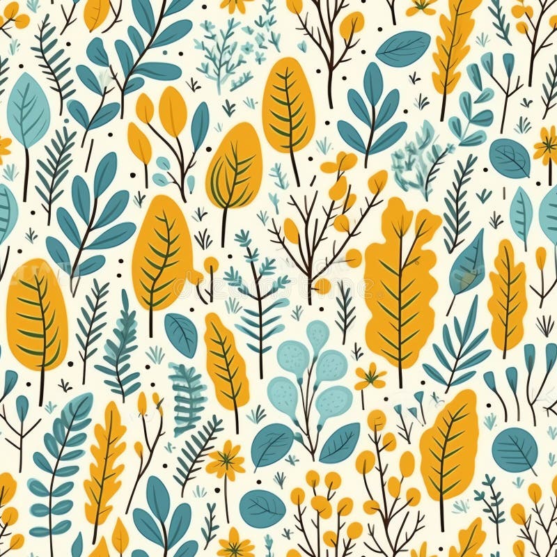 Generative AI Doodled Botany Plants Seamless- Stock Illustration ...