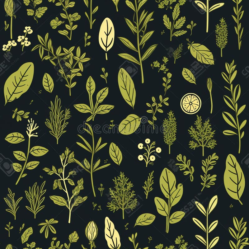 Generative AI Doodled Botany Plants Seamless- Stock Illustration ...