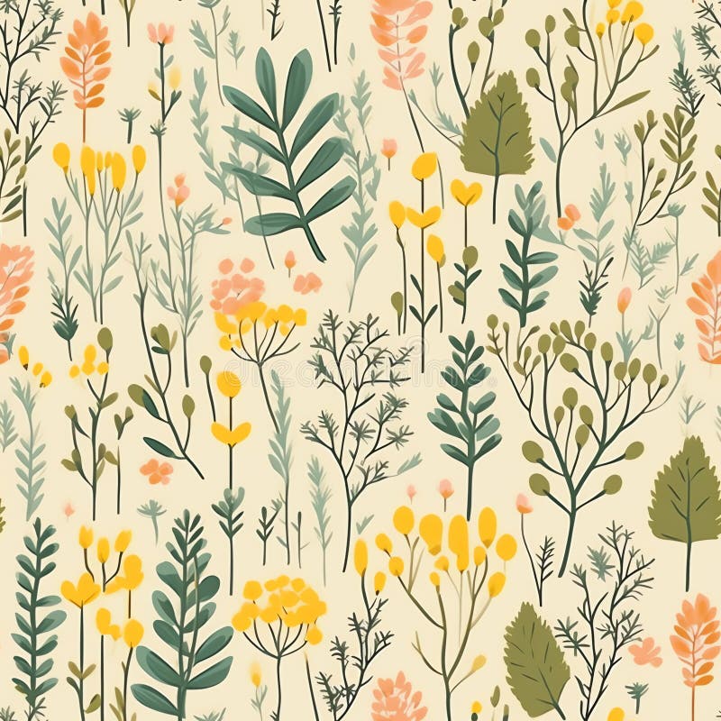 Generative AI Doodled Botany Plants Seamless- Stock Illustration ...