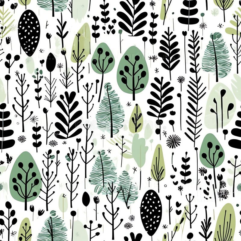 Generative AI Doodled Botany Plants Seamless- Stock Illustration ...