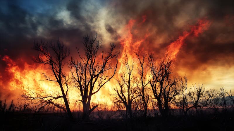Generative AI Dramatic Landscape of Fire Raging through Trees during ...