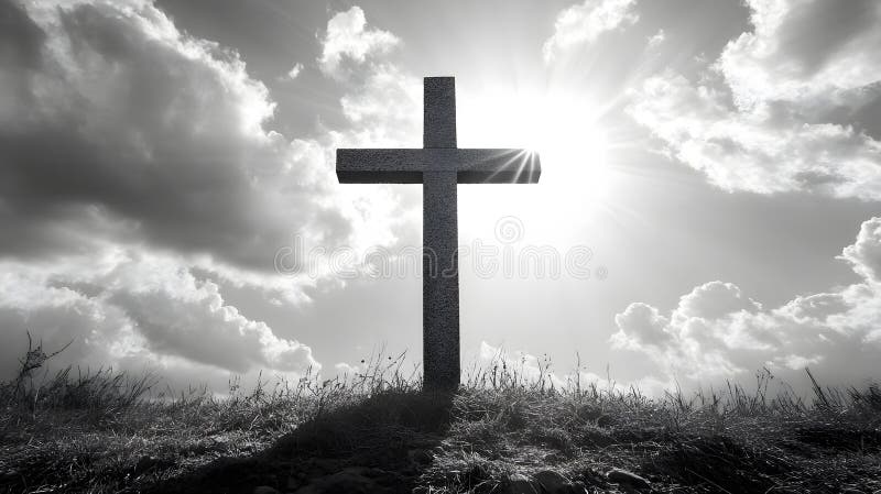 Generative AI Dramatic Monochrome Cross Backlit by Sunlight with Clouds ...
