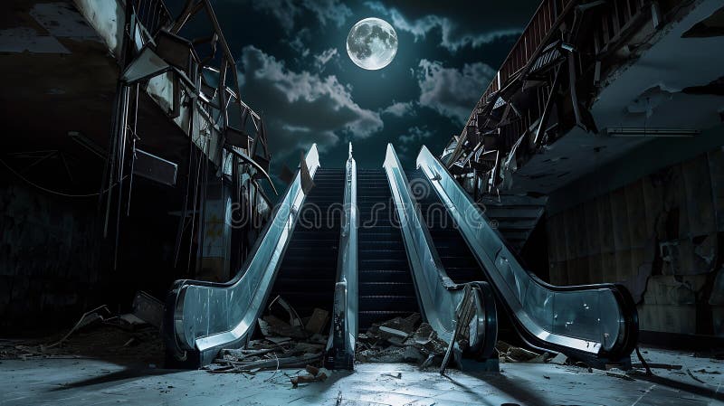 Generative AI Dramatic View of Damaged Escalators in Abandoned Building ...