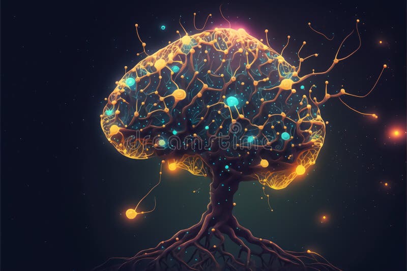 Generative AI Drawing Illustration of a Brain with Tree-shaped Neural ...
