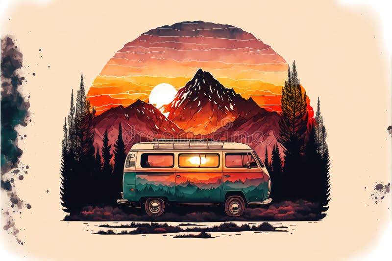 Generative AI Drawing Illustration of a Van at Sunset between Mountains ...