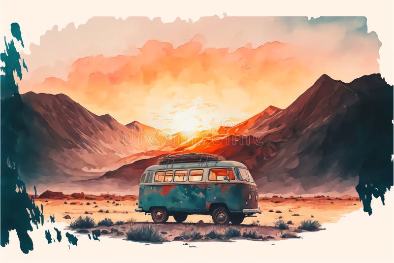 Generative AI Drawing Illustration of a Van at Sunset between Mountains ...