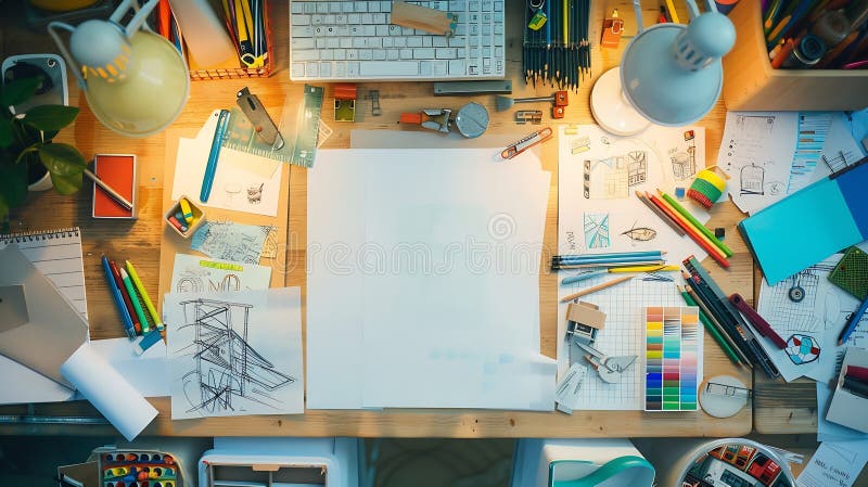 Generative AI Drawing a Project on a Work Desk Project Papers and Tools ...