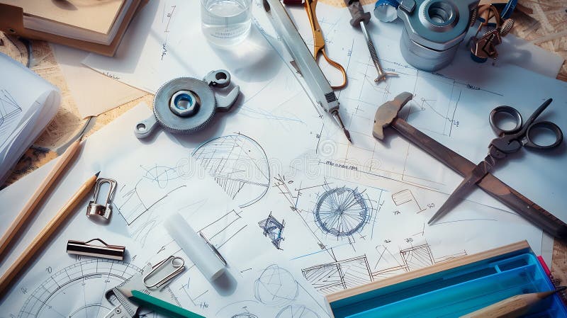 Generative AI Drawing a Project on a Work Desk Project Papers and Tools ...