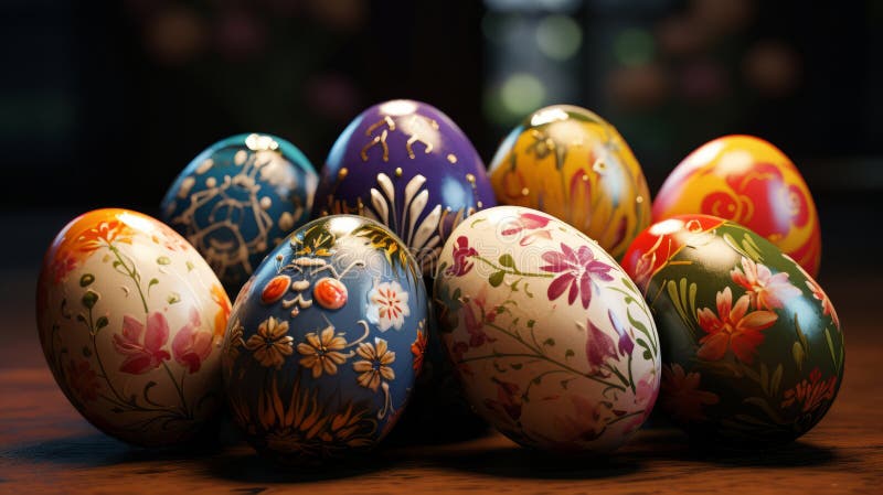 Generative AI Dyed Easter Eggs. Beautiful Vintage Retro Easter Eggs with Different Patterns and ...