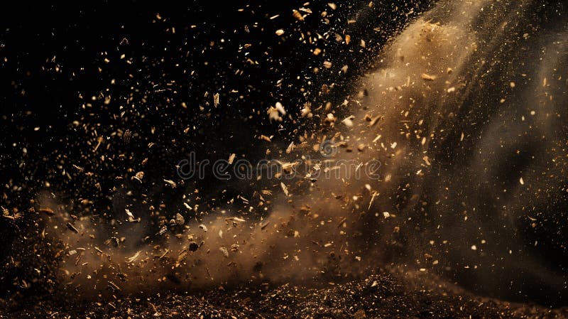 Generative AI Dynamic Dust and Wood Chips on Black Background Creative ...