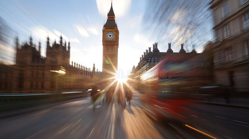 Generative AI Dynamic View of Big Ben at Sunset with Blurred Motion Creating a Dramatic Effect ...