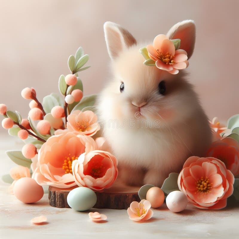 Generative AI Easter Bunny with Eggs and Peach Color Flowers Stock ...
