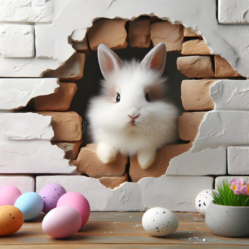 Generative AI Easter Bunny Peeking Out of Hole in the Wall Stock ...