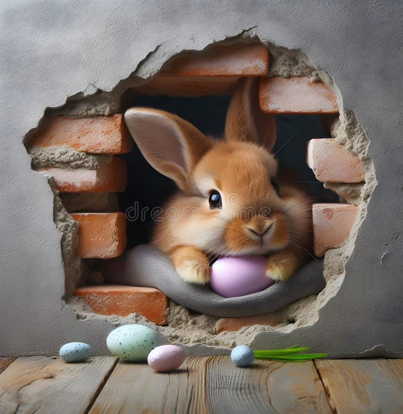 Generative AI Easter Bunny Peeking Out of Hole in the Wall Stock ...