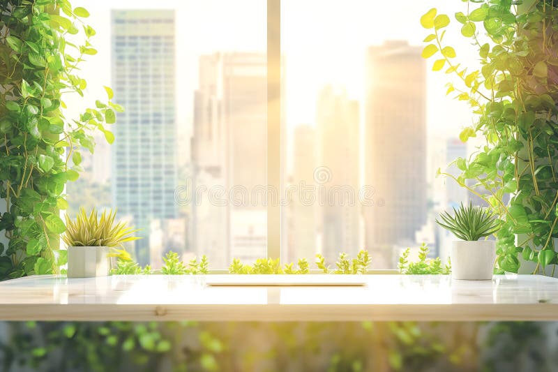 Eco Green City View Though Window in Office or Workplace Background ...