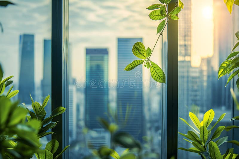Eco Green City View Though Window in Office or Workplace Background ...