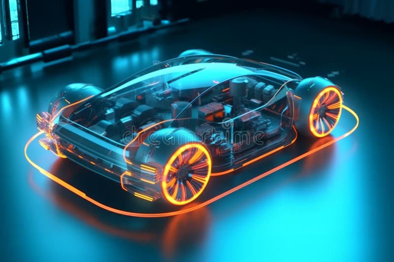 Generative AI of an Electric Car with Neon Lights in the Studio Stock ...