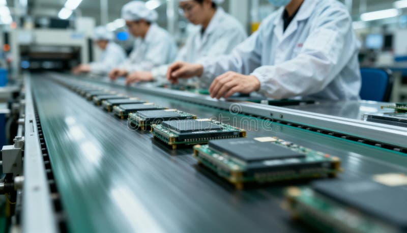 Generative AI Electronics Assembly Line Workers in Clean Suits Assembling Circuit Boards on a ...