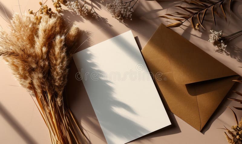 Elegant Blank White Invitation Card with Brown Envelope and Decorative ...