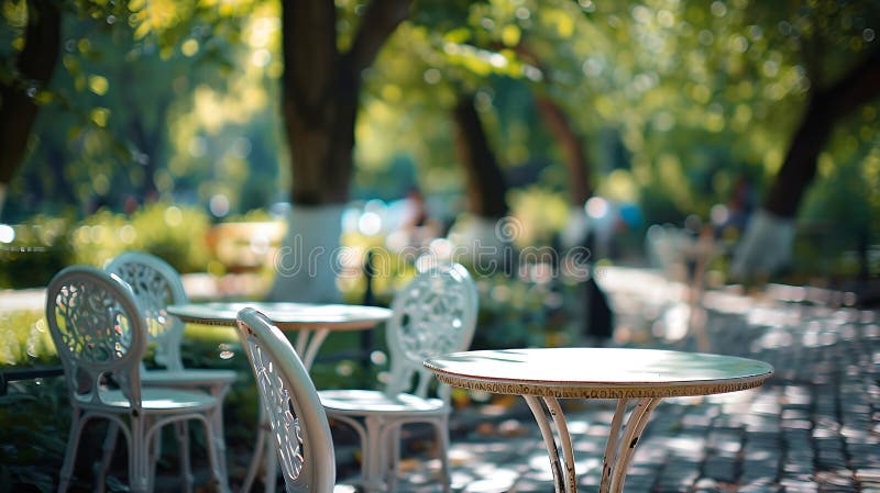 Generative AI Elegant White Tables and Chairs are Empty Under the Tree ...