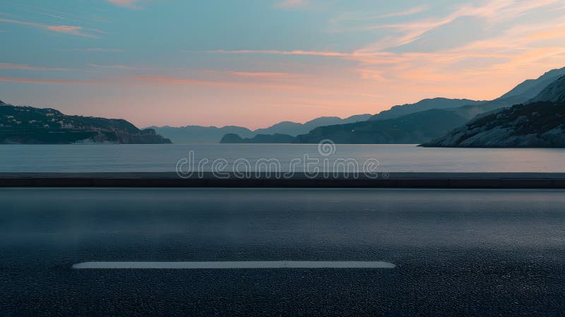 Generative AI Empty Asphalt Road and Sea with Mountain Scenery at ... Generative AI Empty Asphalt Road and Sea with Mountain Scenery at ...
