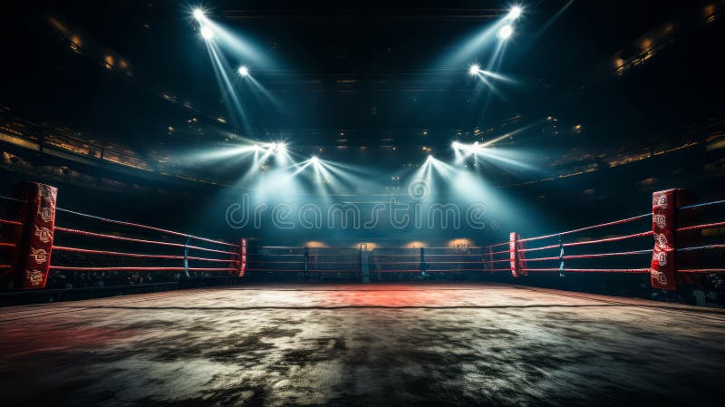 Empty Boxing Ring Under Spotlight in Arena with Illuminated Lights and ...